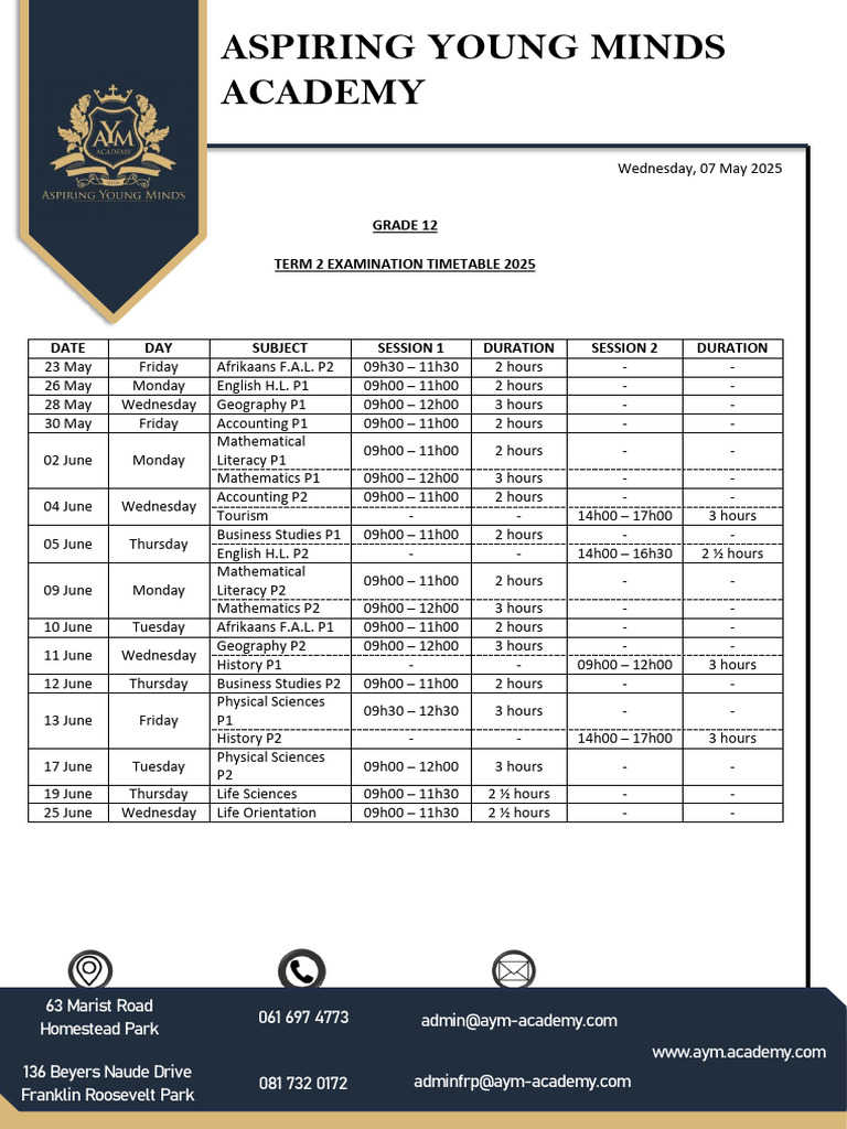 Grade 12 June Exam Timetable 2025 | PDF