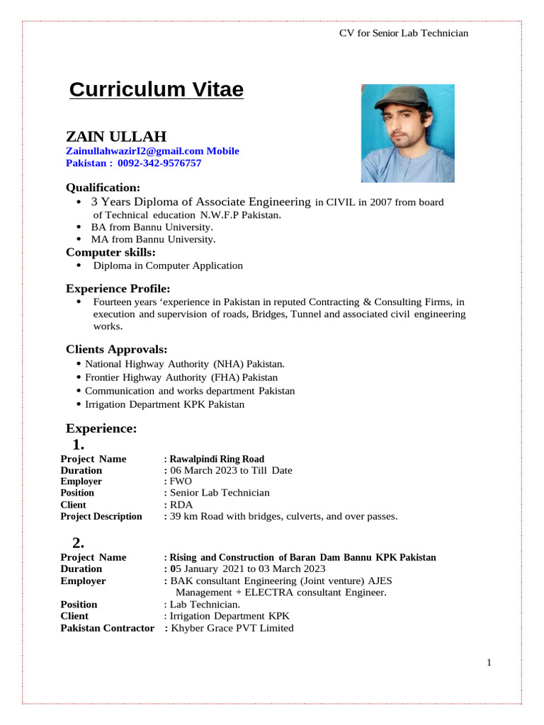 Zain CV For Lab Technician (Updated) | PDF | Civil Engineering | Engineering
