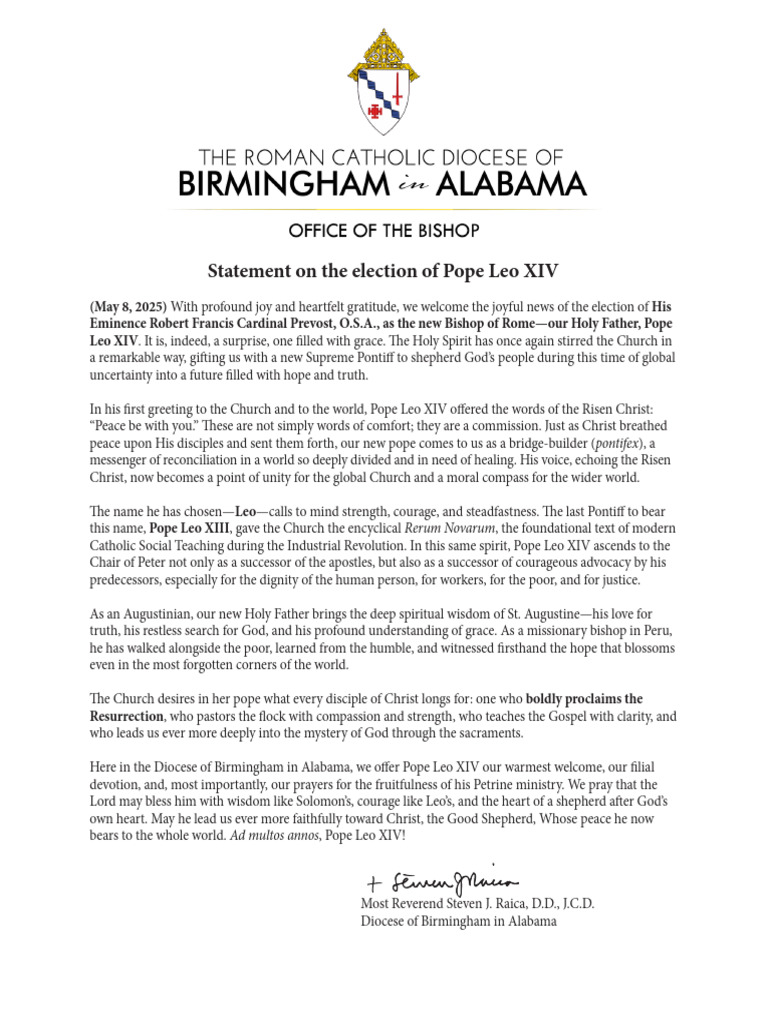 Bishop Steven Raica Statement On Election of Pope Leo XIV | PDF ...