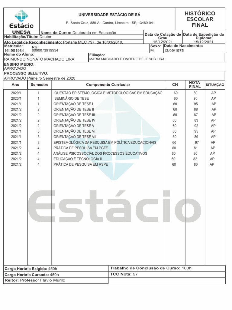 Certificado Estacio Alex | PDF | Estágios educacionais | Academia
