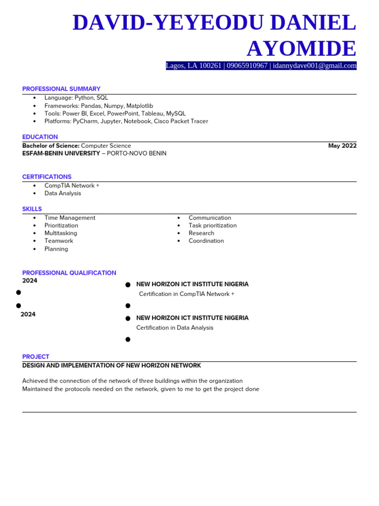 David-Yeyeyodu Daniel Resume | PDF
