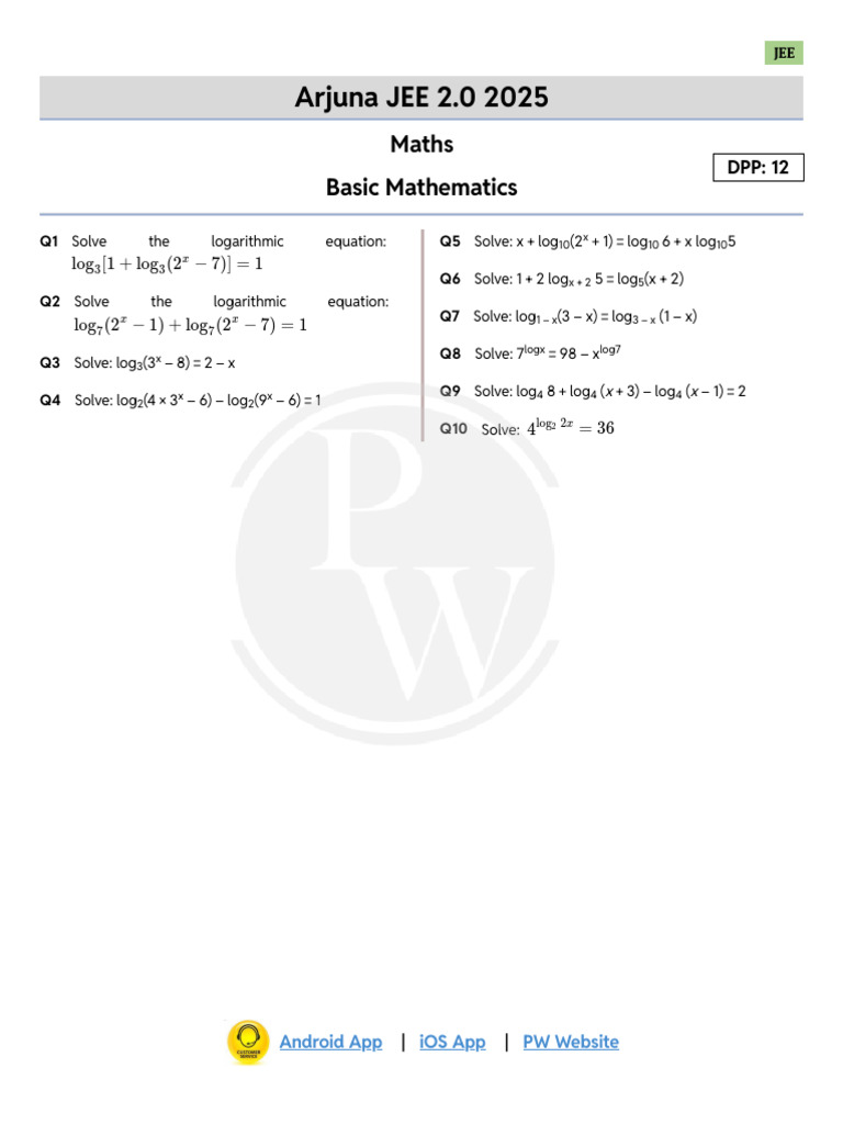 Basic Mathematics - DPP 12 (Of Lec 21) - Arjuna JEE 2.0 2025 | PDF