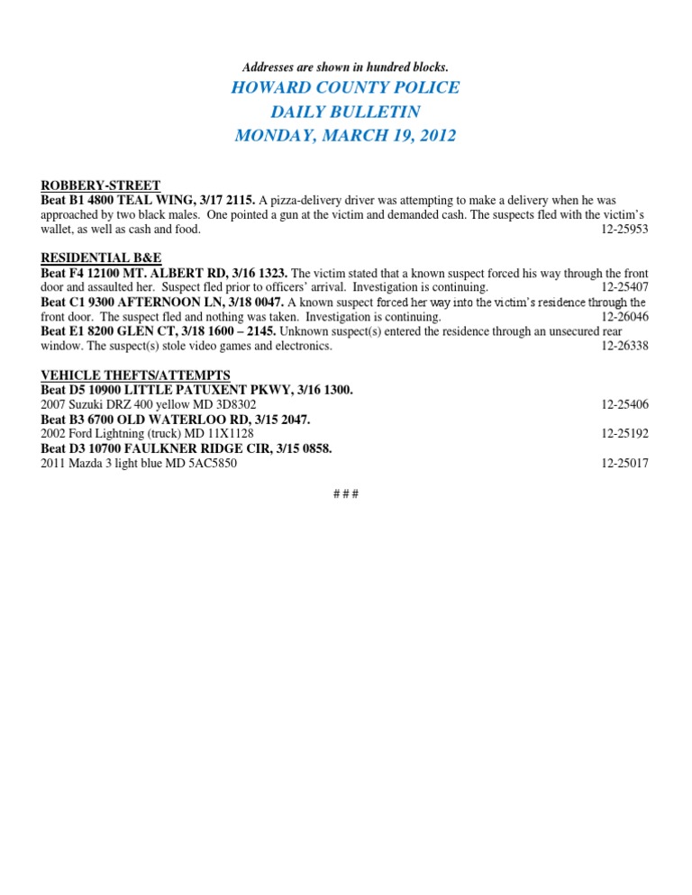 Howard County Police Daily Bulletin | PDF | Politics | Law