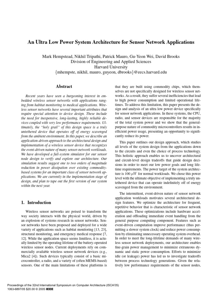 An Ultra Low Power System Architecture for Sensor Network Applications | PDF | Wireless Sensor ...