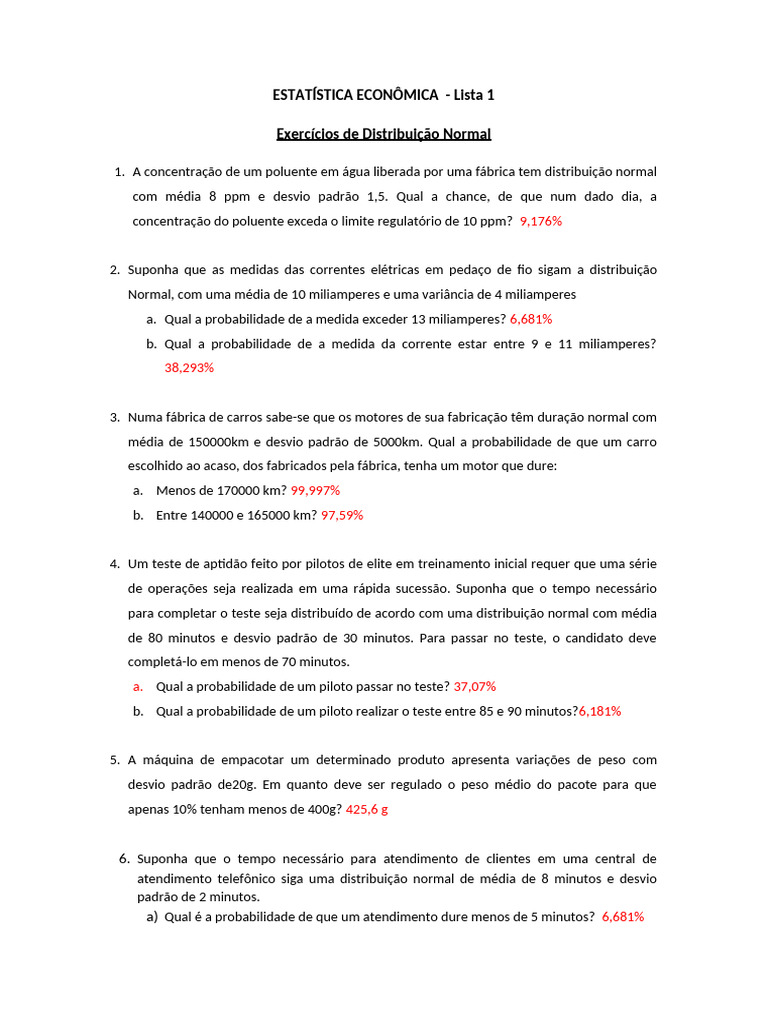 Gabarito Lista 1 - Distr. Normal | PDF | Desvio padrão | Distribuição ...