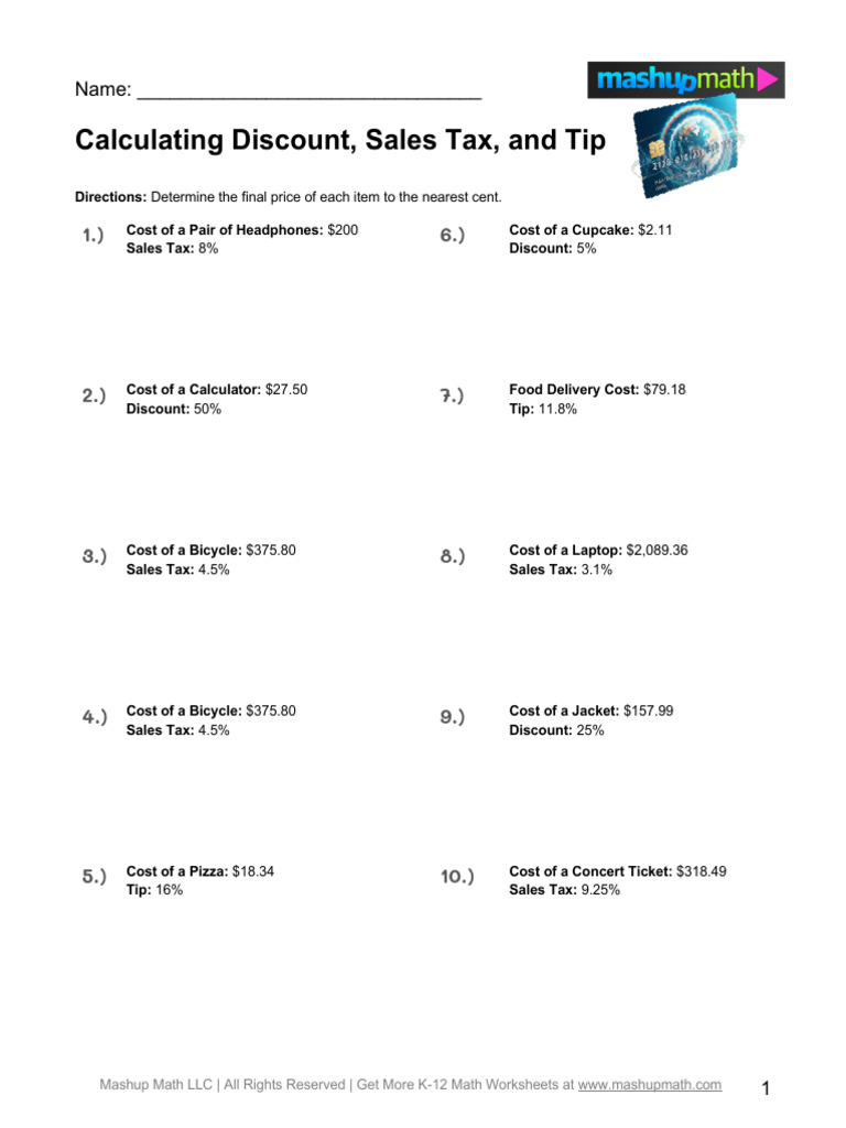 Calculating Discount, Sales Tax, and Tip (A) | PDF | Business