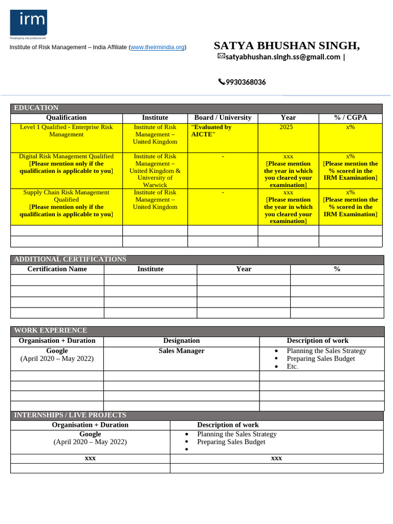 Sample CV - IRM Format | PDF | Business