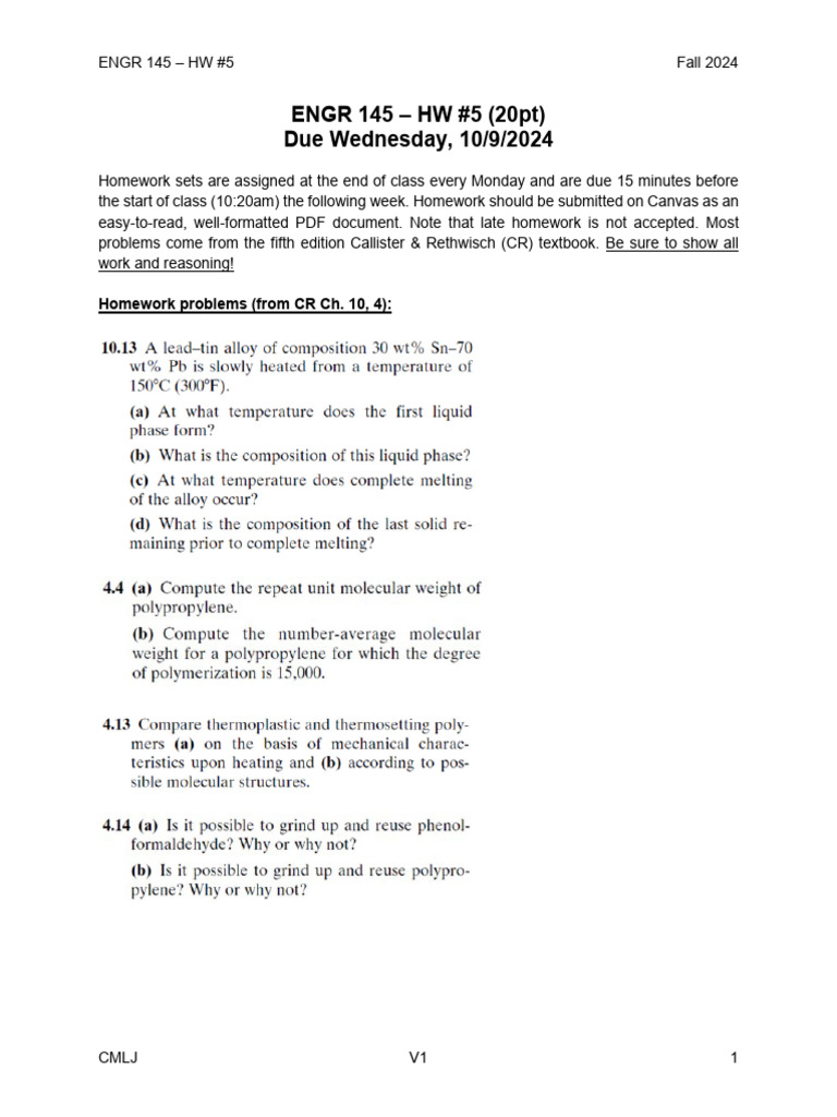 ENGR 145 - HW 5 - Due 10-9-24 | PDF