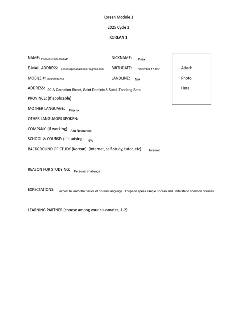 Korean 1 - Info Sheet 2025 c2.Docx | PDF