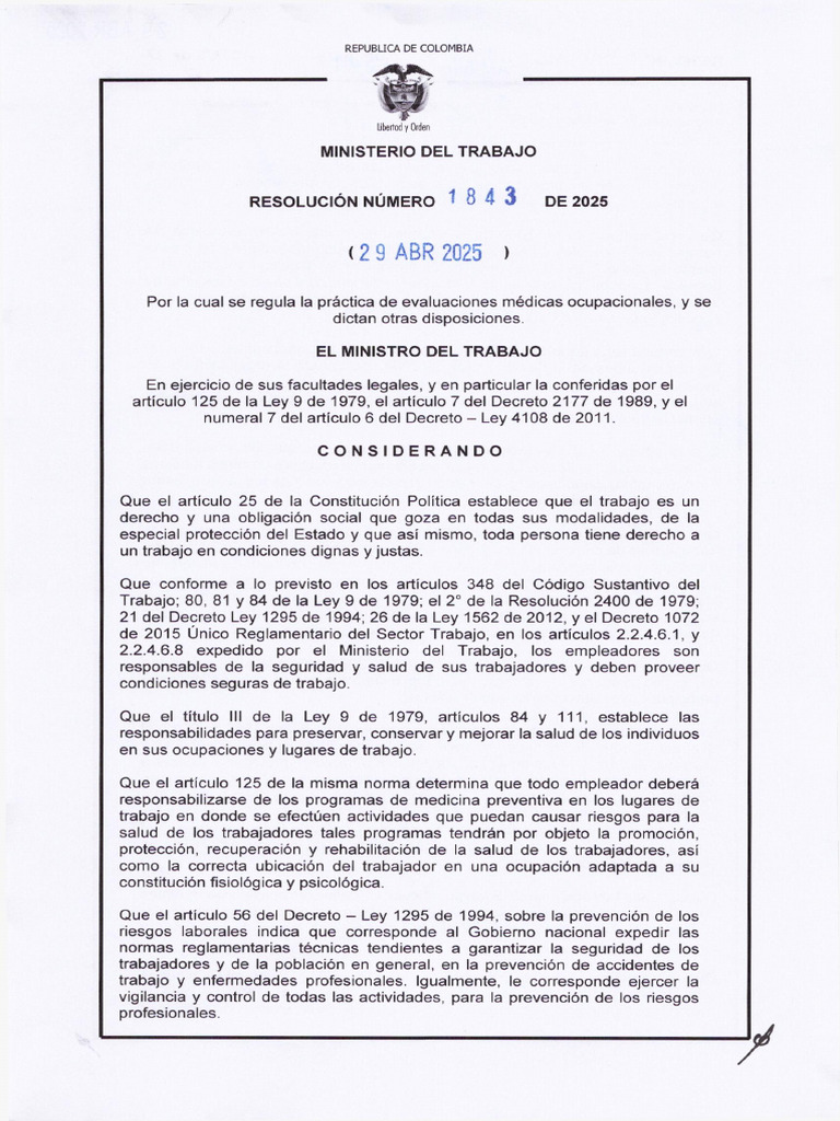Resolución. 1843 de 2025 Evaluaciones Médicas Ocupacionales | PDF