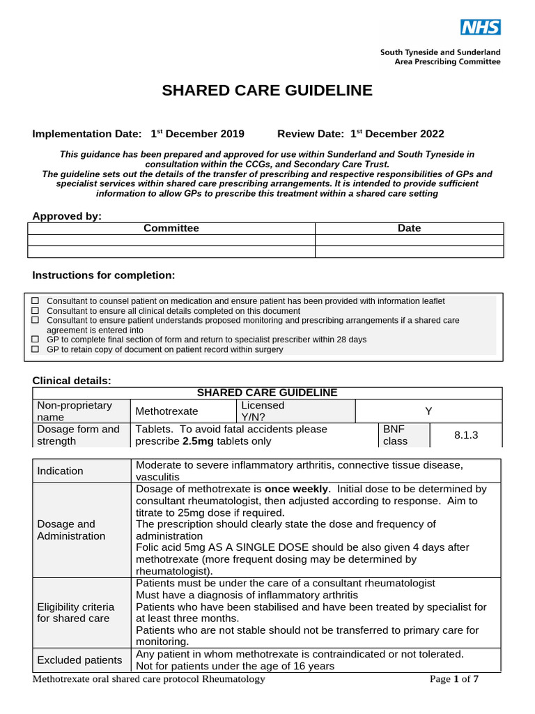 Methotrexate Shared Care Guidelines | PDF | Medical Specialties ...