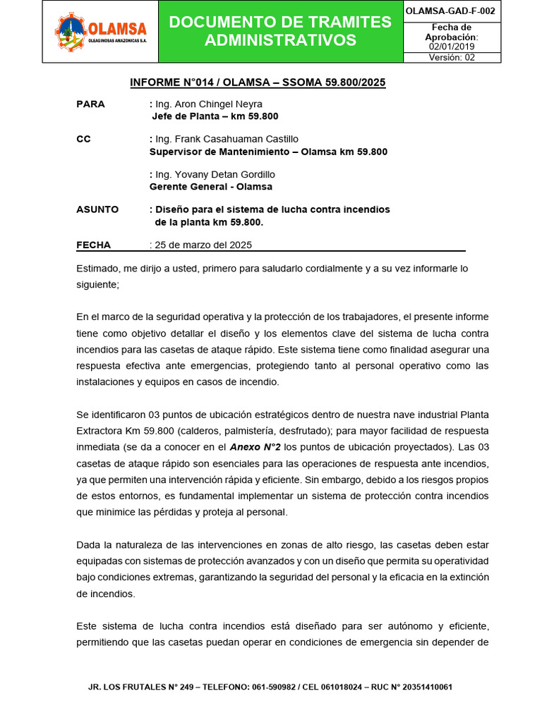 INFORME N° 014- DISEÑO PARA EL SISTEMA DE LUCHA CONTRA INCENDIOS EN LA ...