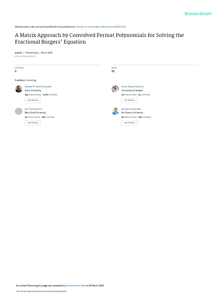 A Matrix Approach by Convolved Fermat Polynomials For Solving The Fractional Burgers Equation ...