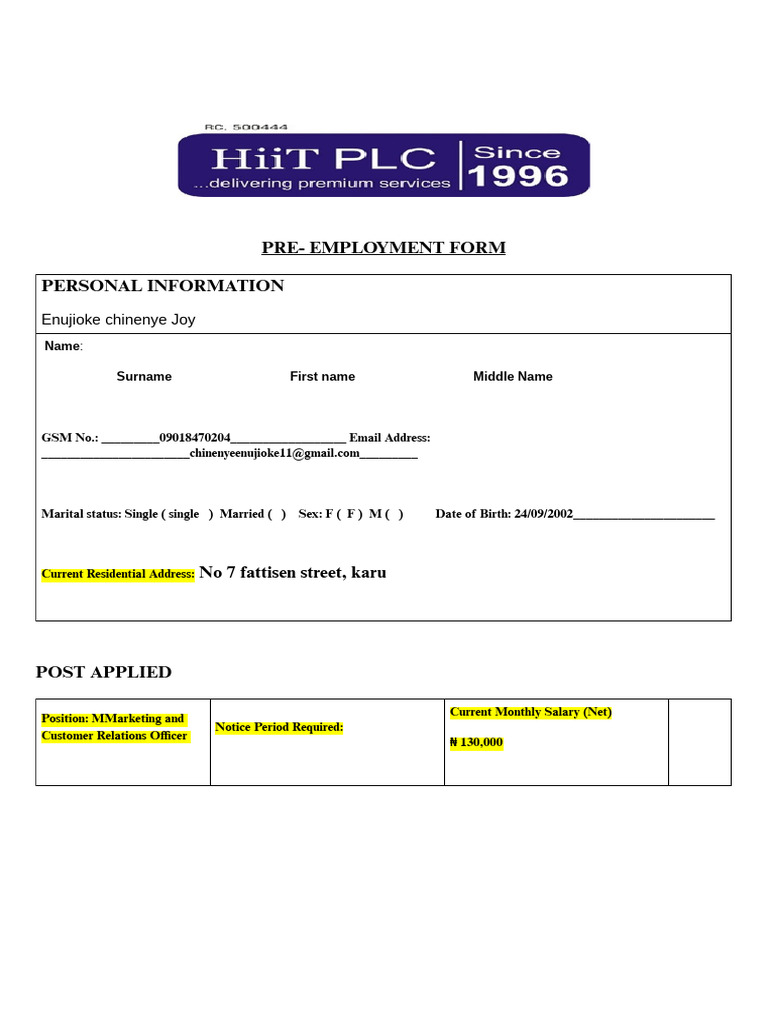 HiiT Pre-Employment Form (PI) - 2023.docx - 20240820 - 180222 - 0000 | PDF