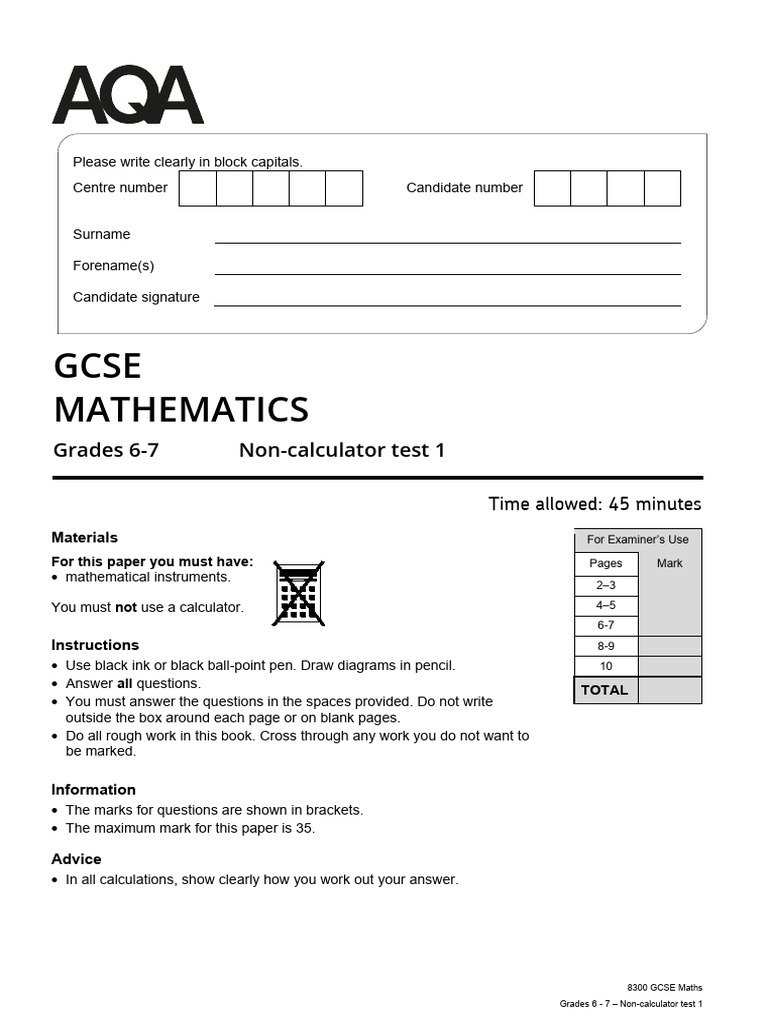 Grades 6 7 Non Calculator Test 1 Question Paper | PDF | Mathematics