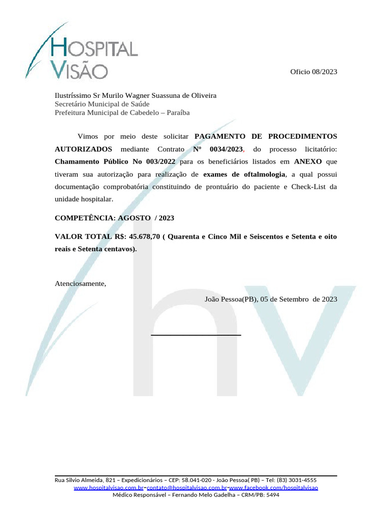 OFICIO 12023 Mes 082023 SOLICITACAO DE PAGAMENTO | PDF