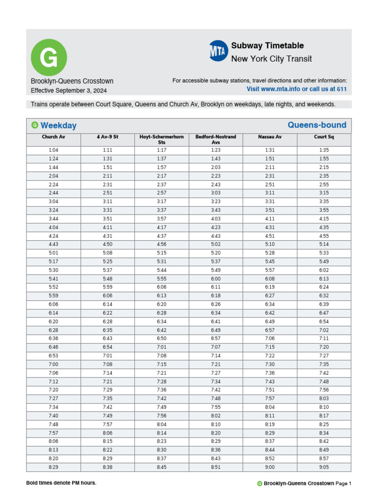 MTA G Subway Timetable 20240903 | PDF
