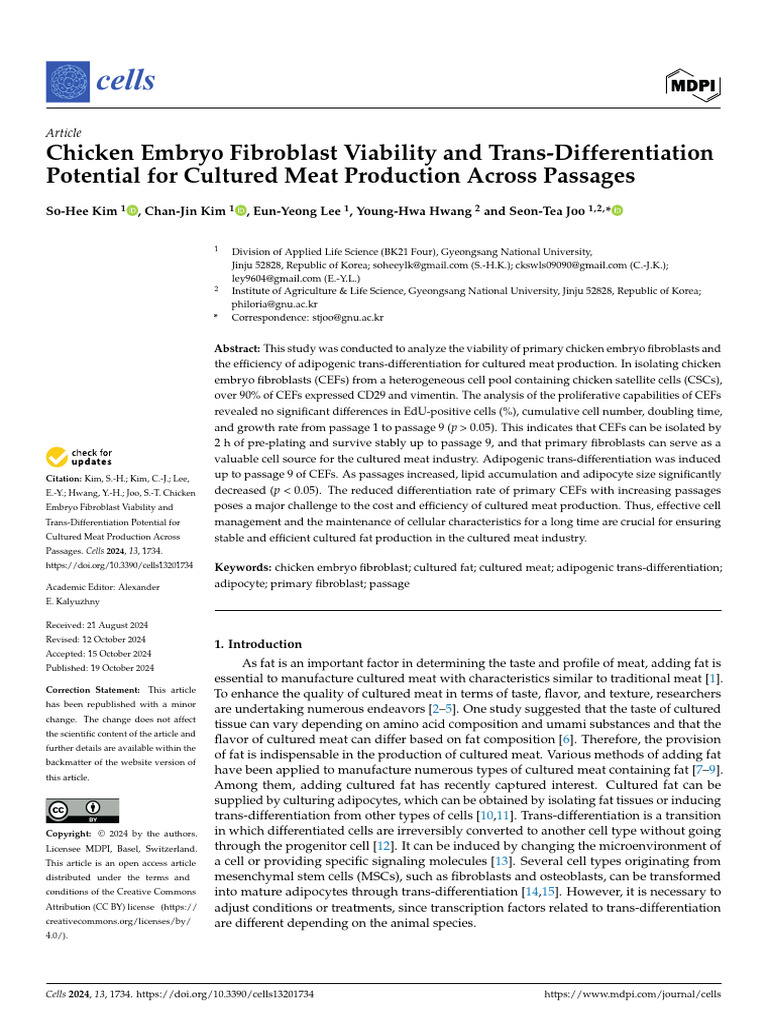 Chicken Embryo Fibroblast Viability and Trans-Differentiation Potential ...