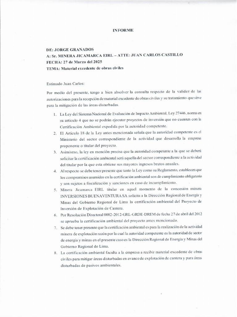 Informe Referente A La Facultad de Minera Jhicamarca Eirl para Recibir ...