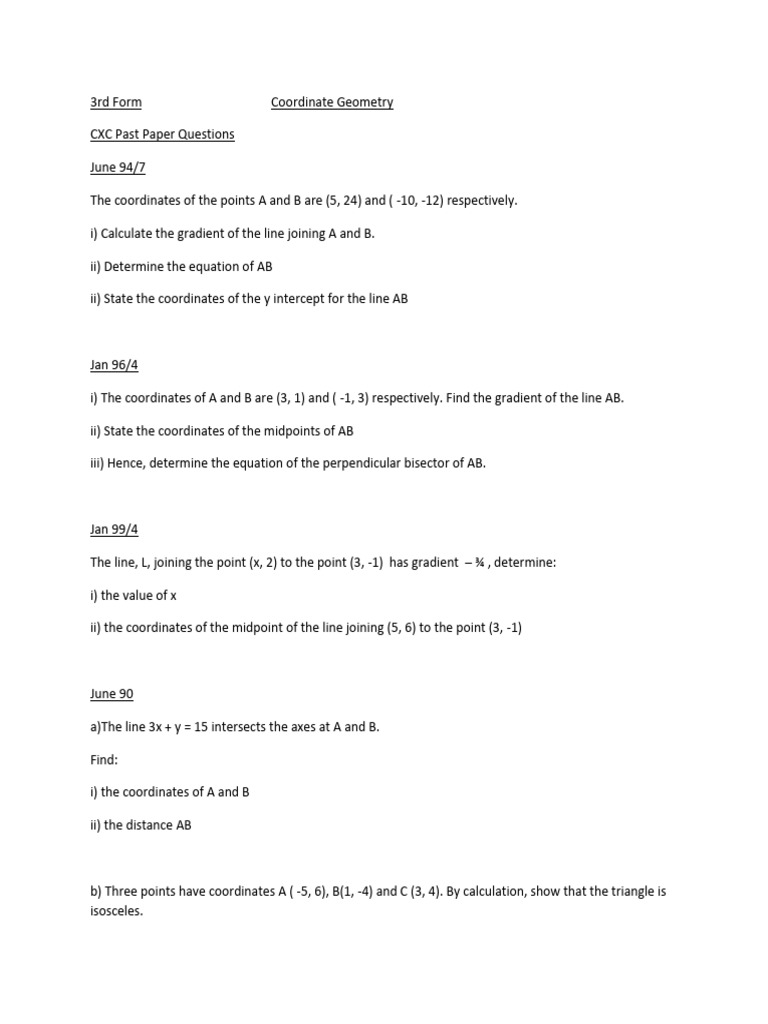 3rd Form Coordinate Geometry Past CSEC | PDF
