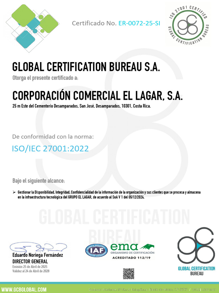 CERTIFICADO ESPAÑOL DIGITAL 27001 Lagar | PDF