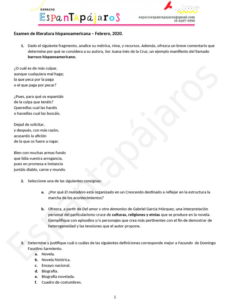 Ex. de Literatura Hispanoam - Sor Juana, Del Amor, Matadero, Facundo (Feb 2020) | PDF