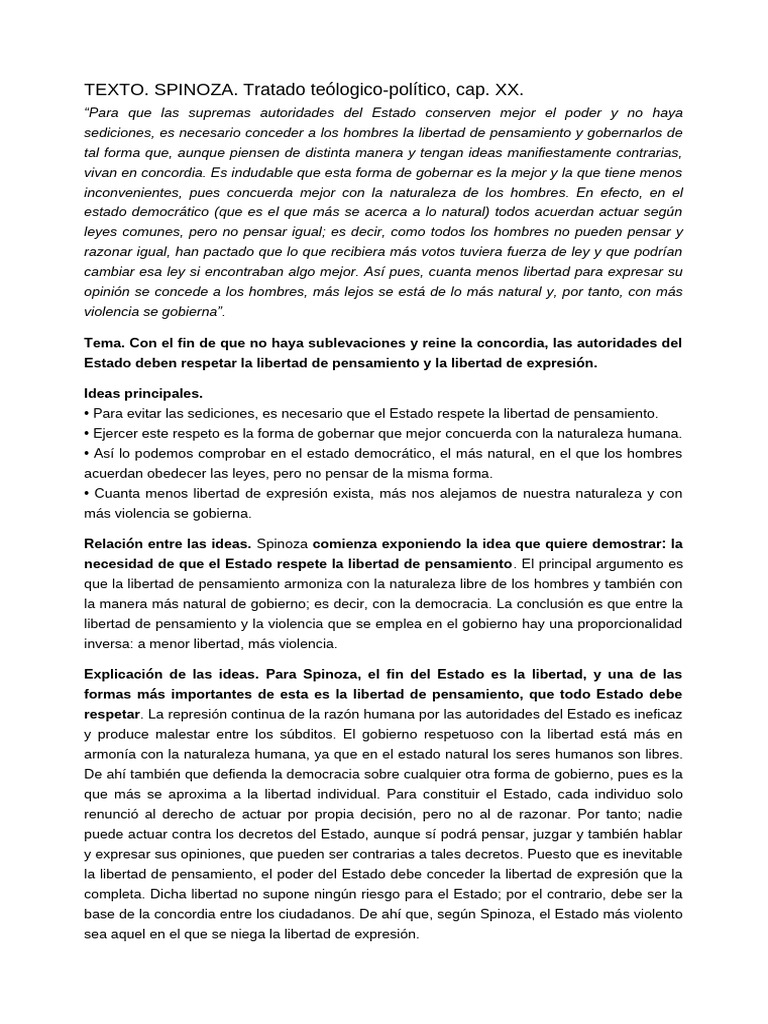 Comentario de Spinoza | PDF | Libertad | Baruch Spinoza