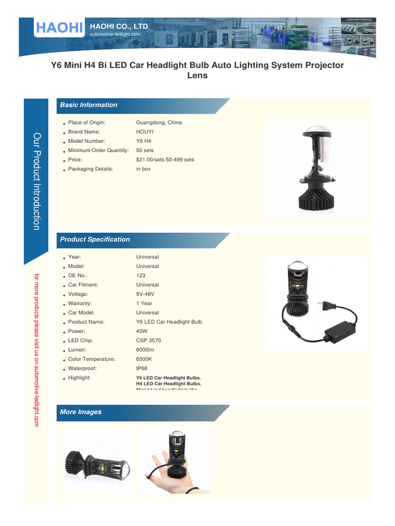 Y6 Mini H4 Bi LED Headlight Bulb | PDF | Headlamp | Light Emitting Diode