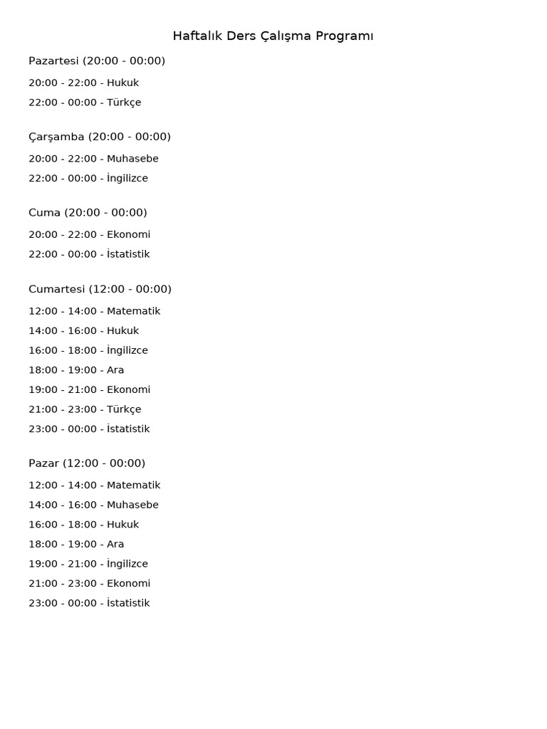 Haftalik Ders Programi | PDF