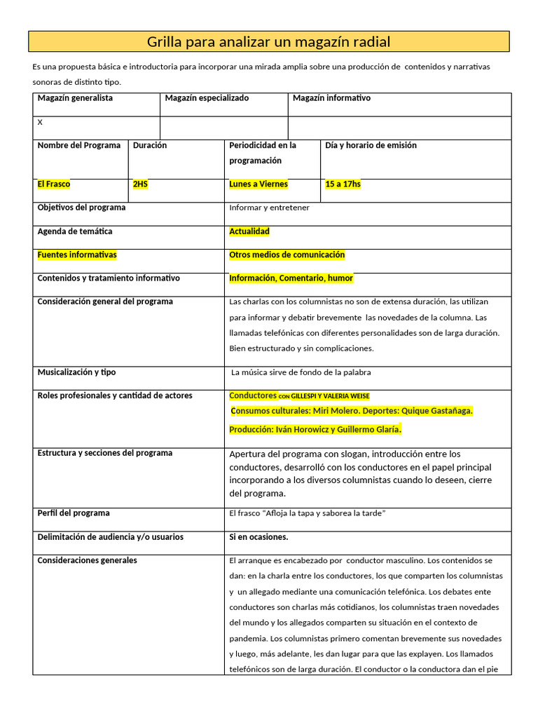 Grilla para Analizar Un Magazín Radial | PDF | Radiodifusión