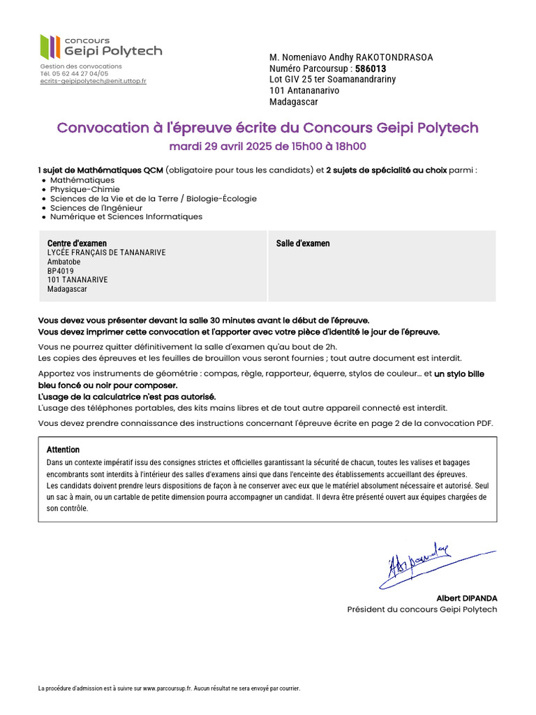Convocation Concours Geipi Polytech 2025 | PDF