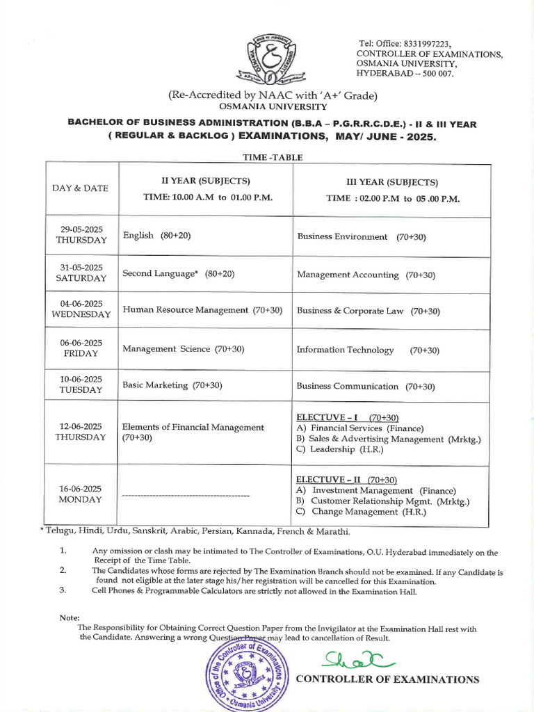 Ou Bba (Pgrrcde) Exams Time Table May June 2025 | PDF