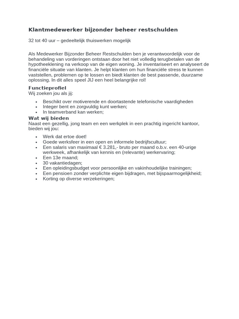 FL Klantmedewerker Bijzonder Beheer Restschulden | PDF