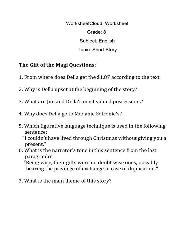 WorksheetCloud Grade 8 English Gift-Of-The-Magi Ws1 | PDF
