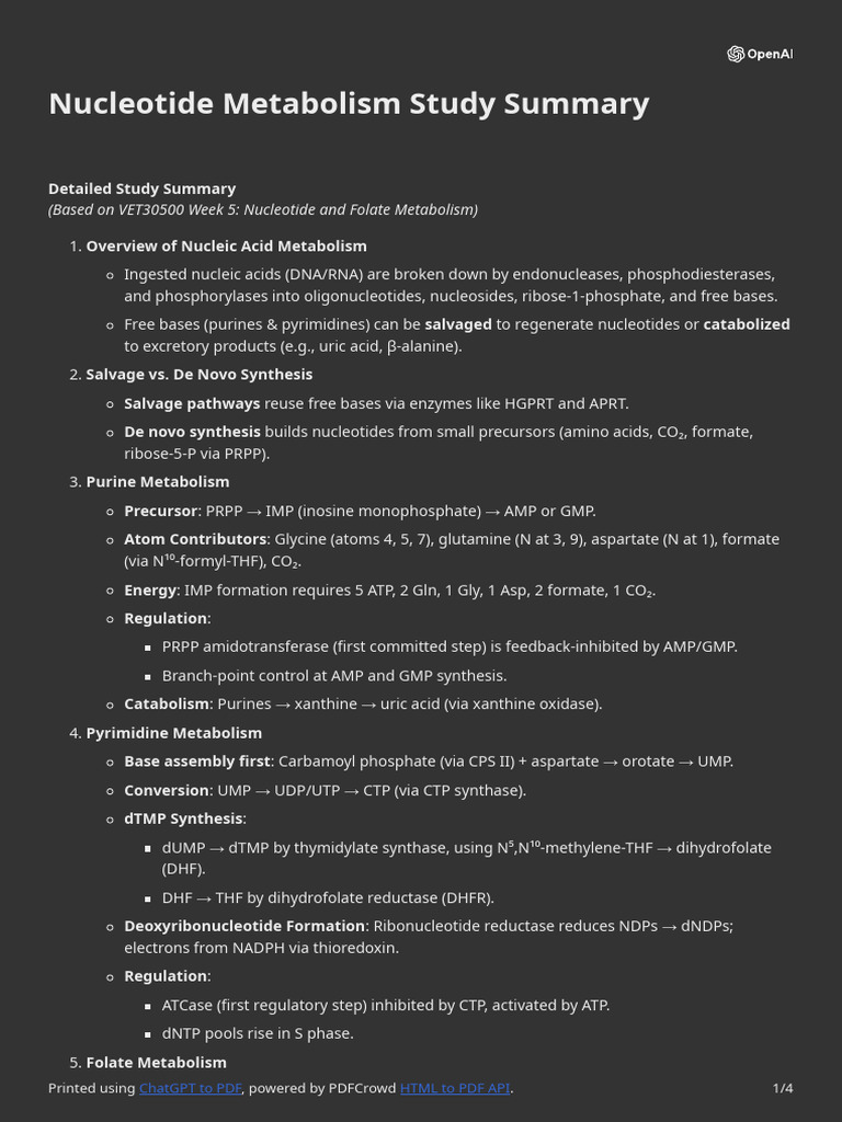 Nucleotide Metabolism Study Summary | PDF | Nucleotides | Biosynthesis