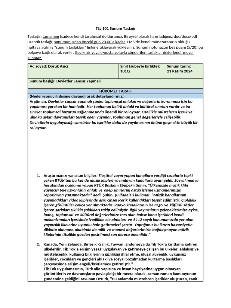TLL 101 Sunum Taslağı-2024 | PDF