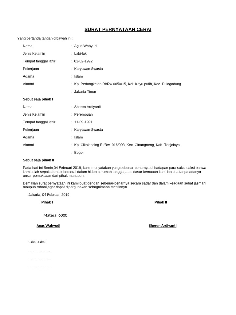 Surat Pernyataan Cerai | PDF