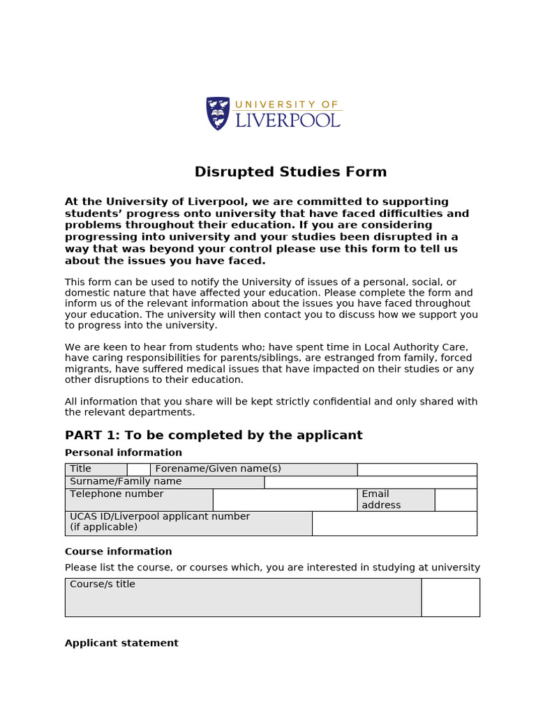 University of Liverpool Disrupted Studies Form | PDF