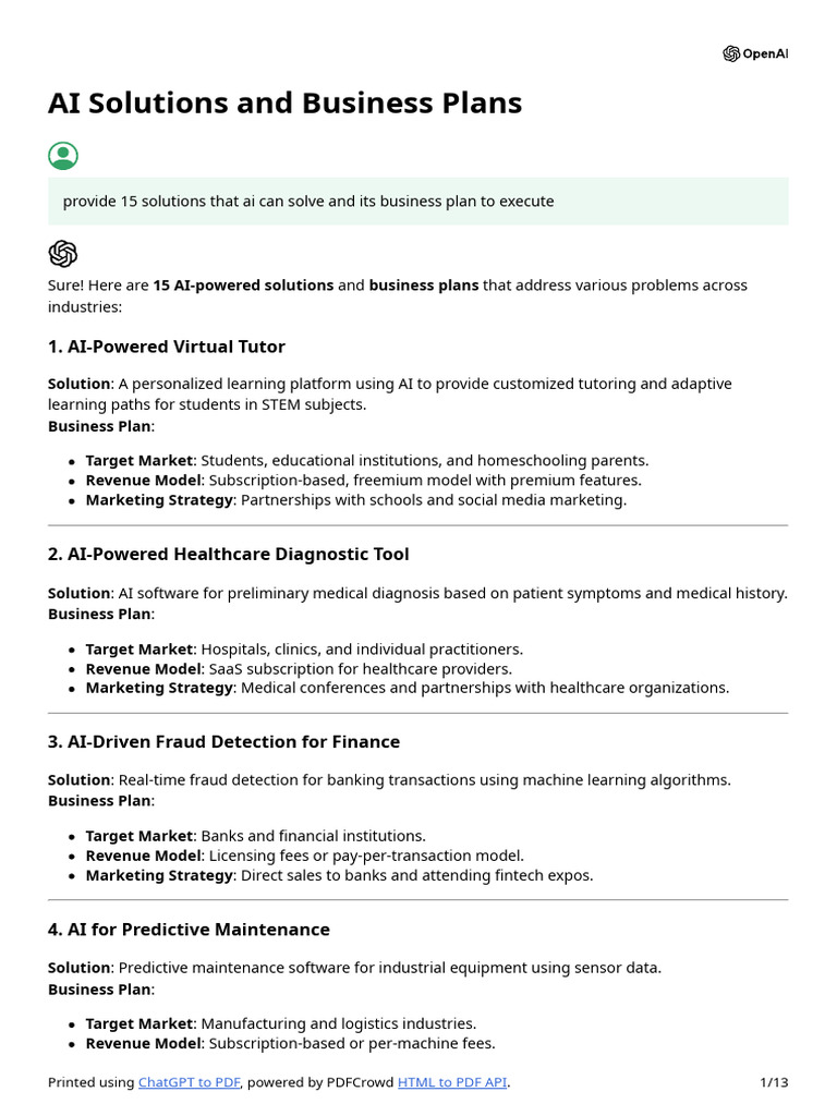 AI Solutions and Business Plans | PDF | Artificial Intelligence | Intelligence (AI) & Semantics