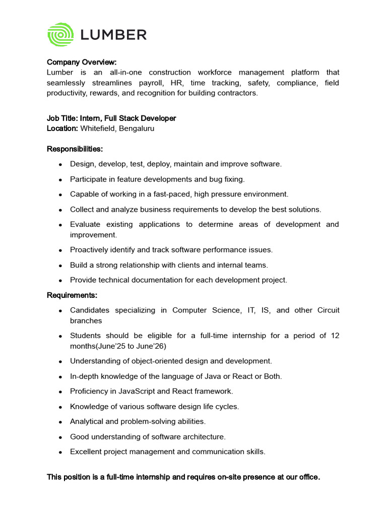 Lumber - JD - Intern, Full Stack Developer | PDF