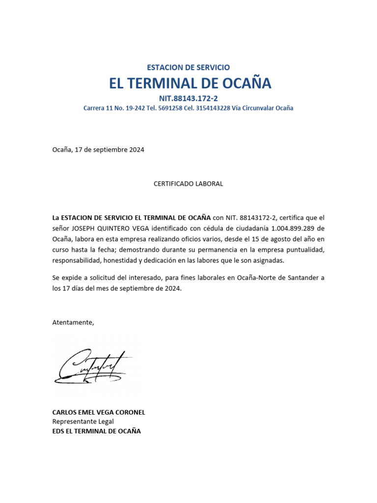 Certificado Laboral Joseph Quintero Ocaña | PDF
