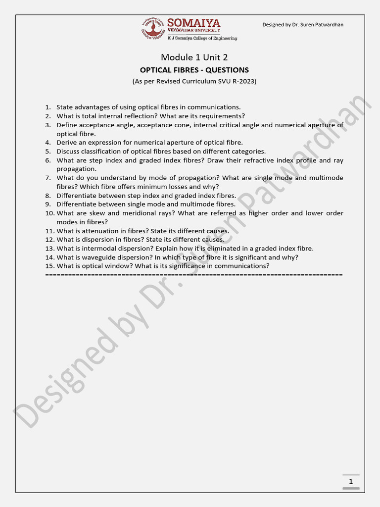 Optical Fibres - Questions | PDF