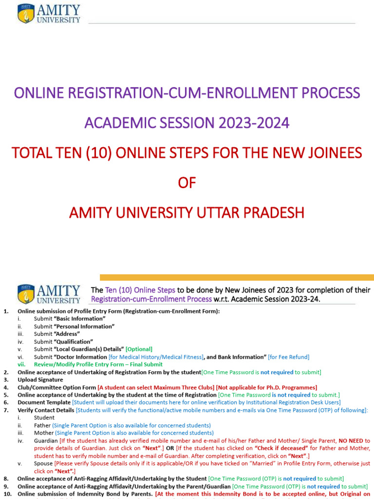 Amity University Enrollment Steps 2023-24 | PDF | Password | Computing