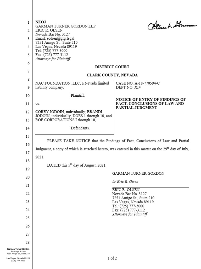 2021 0805 NEOJ Findings of Fact Conclusions of Law and Judgment | PDF | Non Disclosure Agreement ...