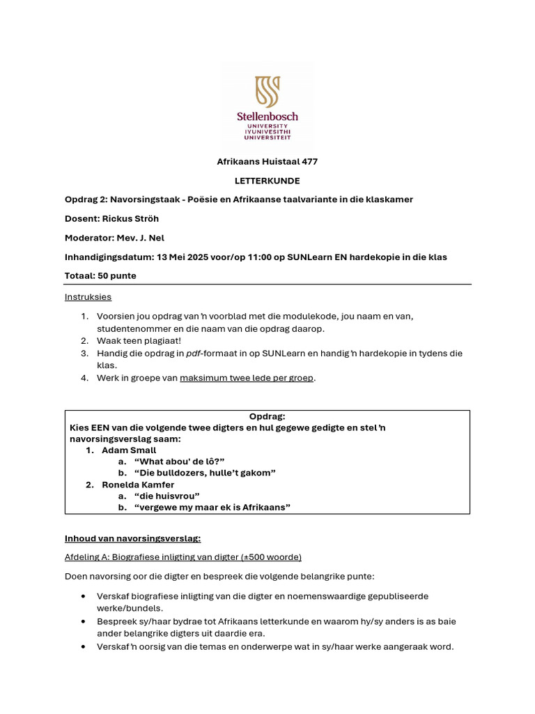 Opdrag 2 - Navorsingstaak - Poësie - Taalvariante | PDF