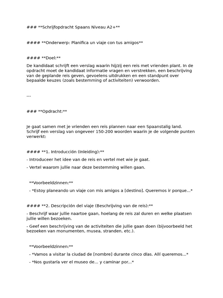 Schrijfopdracht Spaans Niveau A2 | PDF