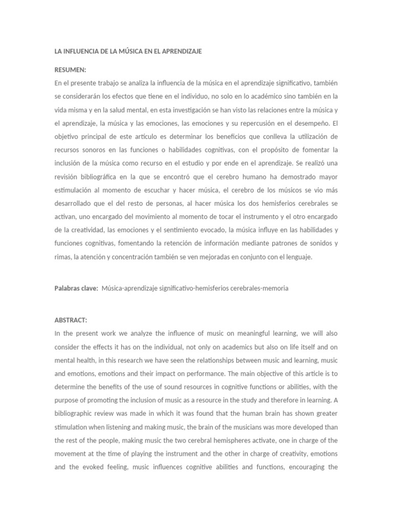 La Influencia de La Música en El Aprendizaje | PDF | Aprendizaje | Las ...