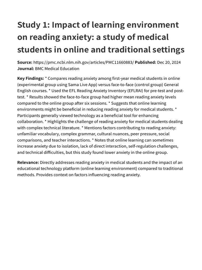 Reading Anxiety in Medical Students: Online vs. Traditional | PDF