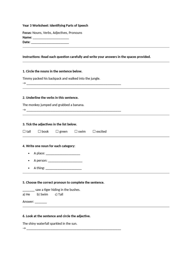 Year 3 Worksheet-Parts of Speech-4 | PDF