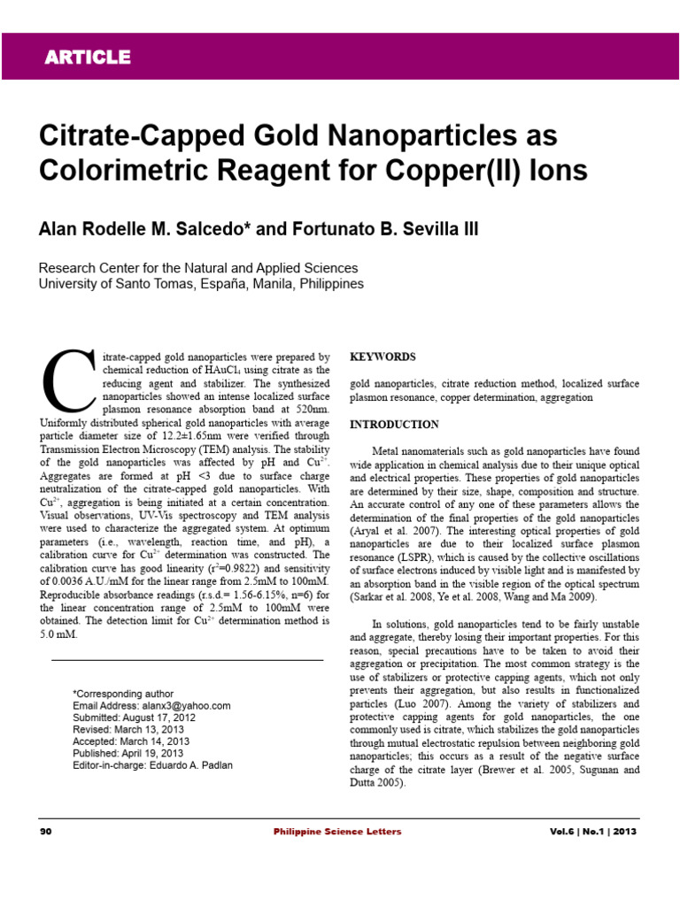 Citrate-Capped Gold Nanoparticles As | PDF | Nanoparticle | Nanomaterials